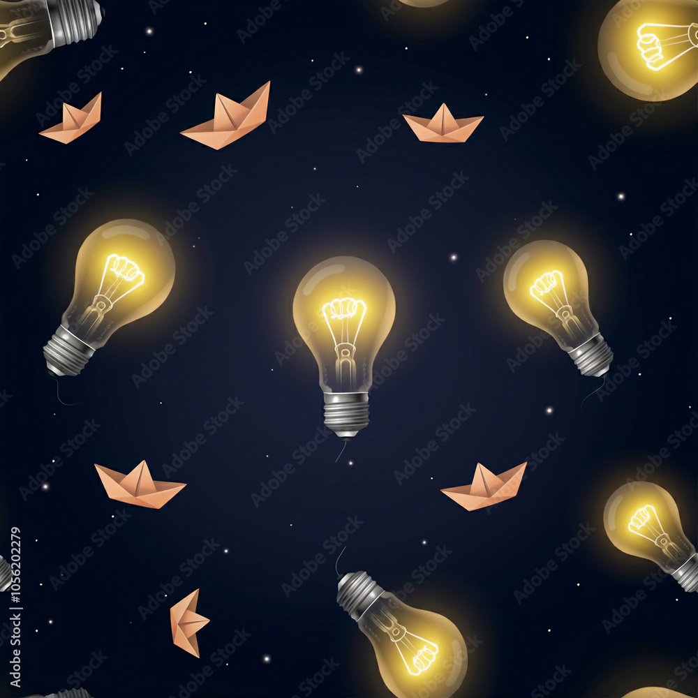 paper boat and light bulb seamless pattern in starry night sky ...