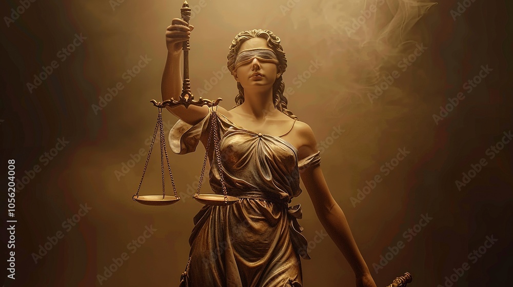 Woman with covered eyes holding balance scale 3d rendering image. Blind ...