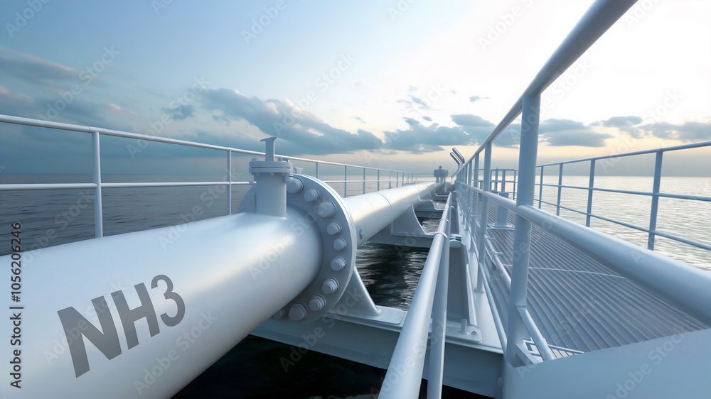 Ammonia pipeline installation on floating platform at sunset ...