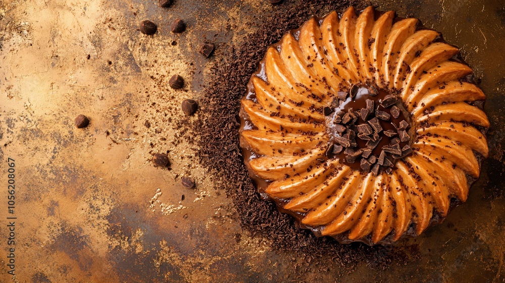 Pithivier with layers of chocolate ganache, isolated on a metallic gold ...