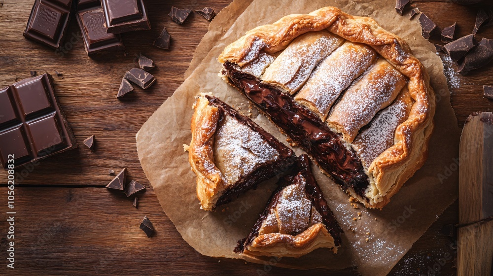 Sliced Pithivier with gooey chocolate filling, isolated on a rustic ...
