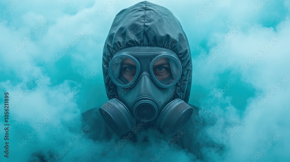 A figure wearing a gas mask and dark clothing stands amidst vibrant ...