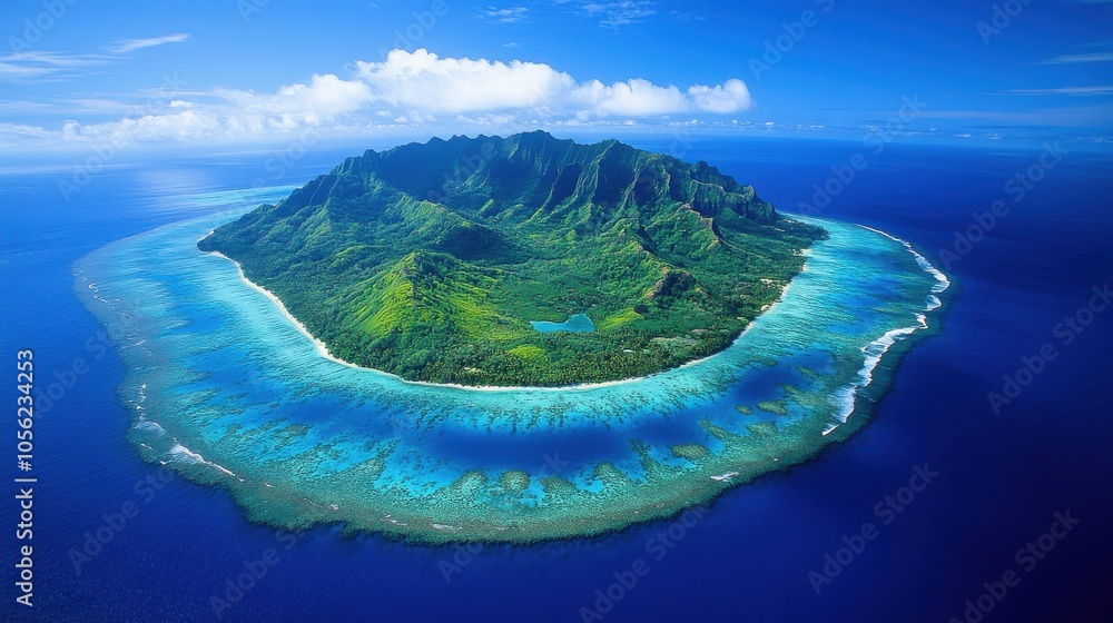 Aerial view of a hidden island surrounded by coral reefs, showcasing ...