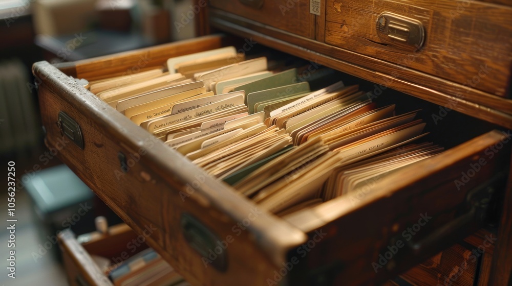 A detailed shot of a filing cabinet its top drawer filled with ...