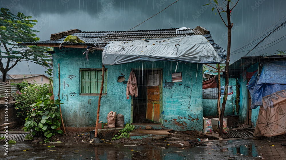 In India, a dilapidated slum house features a leaking roof, hastily ...