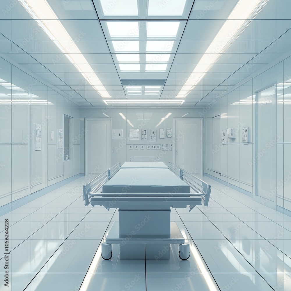 Modern hospital morgue interior, focusing on themes of death, autopsy ...