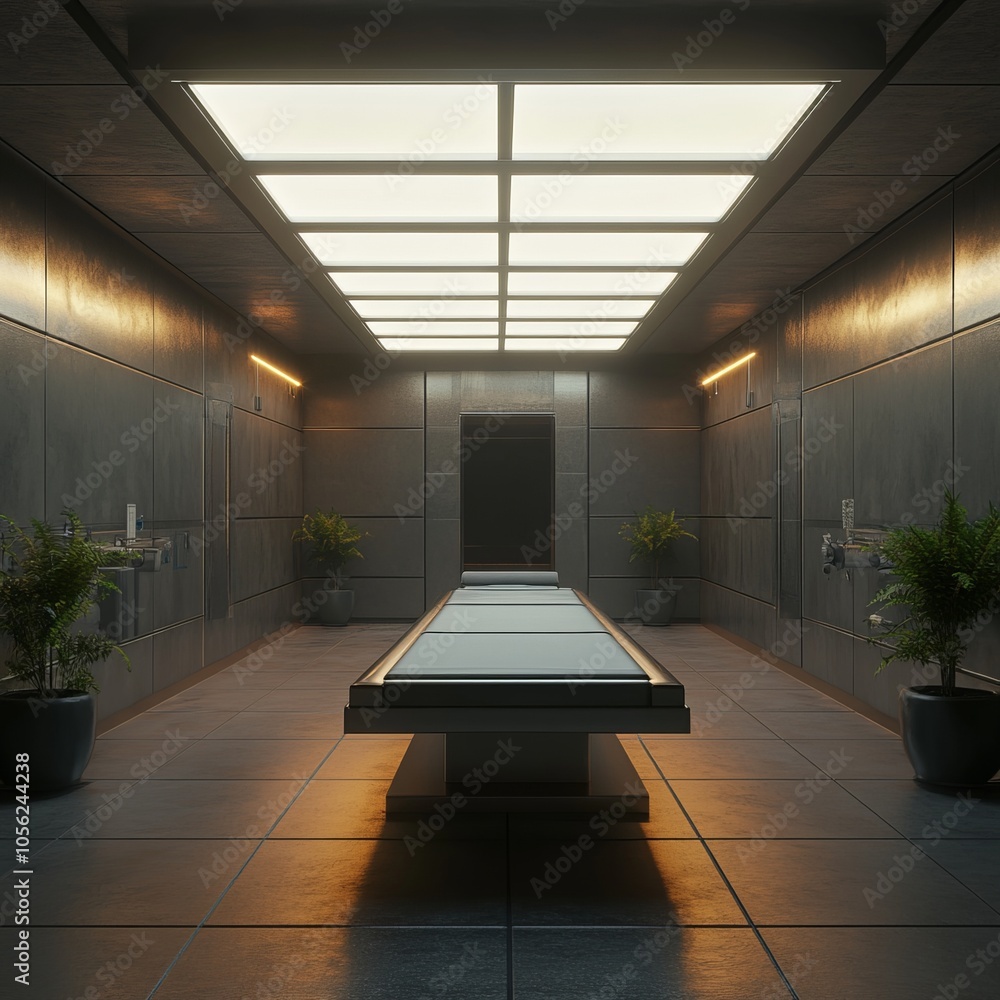 Modern hospital morgue interior, focusing on themes of death, autopsy ...