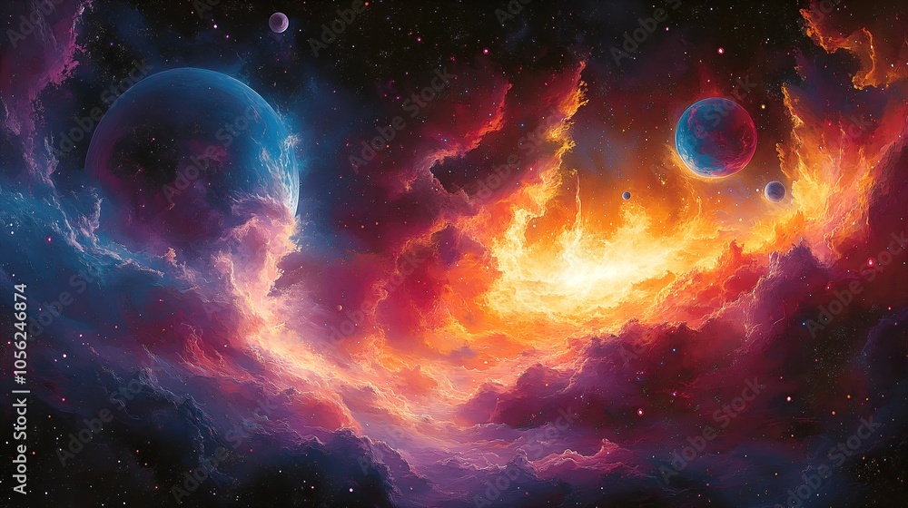 Vibrant cosmic clouds and celestial bodies illuminate the night sky in ...