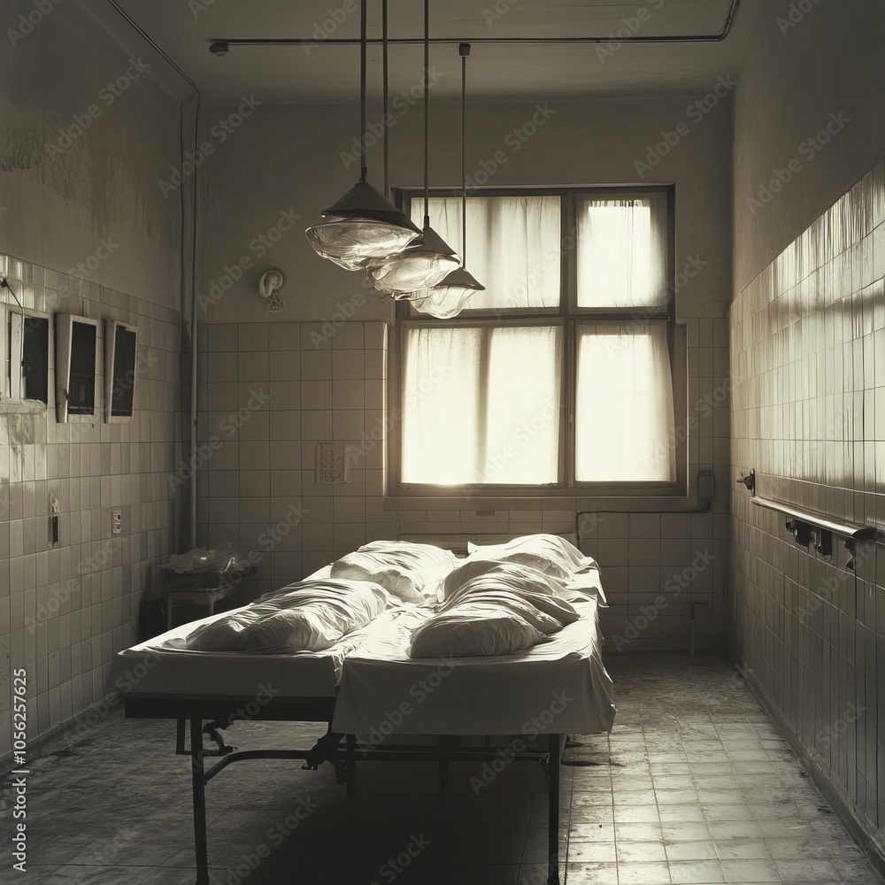 Scene depicting a hospital morgue, where bodies are brought post-mortem ...