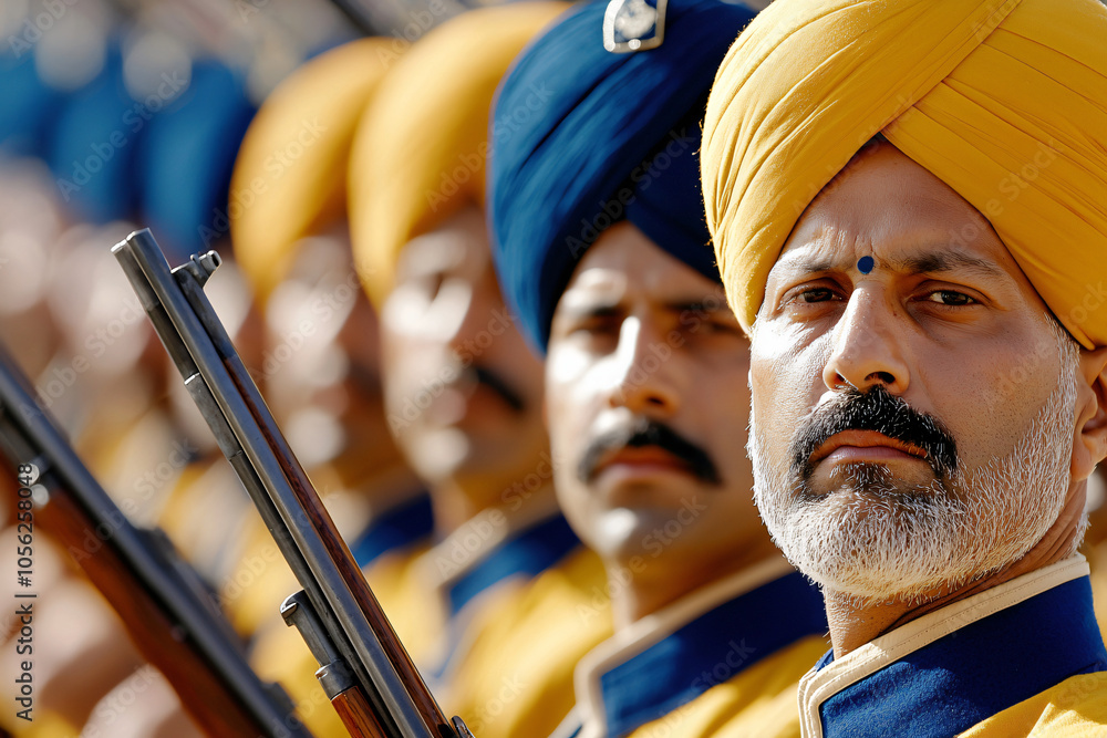 Indian soldiers in historical attire, lined up with rifles and turbans ...