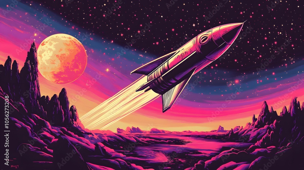 A retro vector space ship poster design. Beautiful illustration of the ...