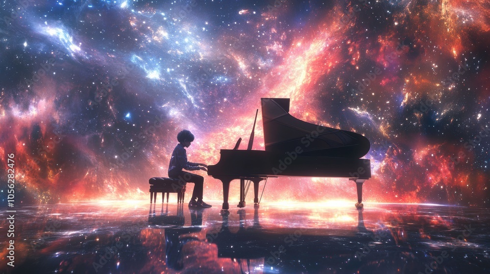 Student Plays a Grand Piano on an Arena Stage Surrounded by Vibrant ...