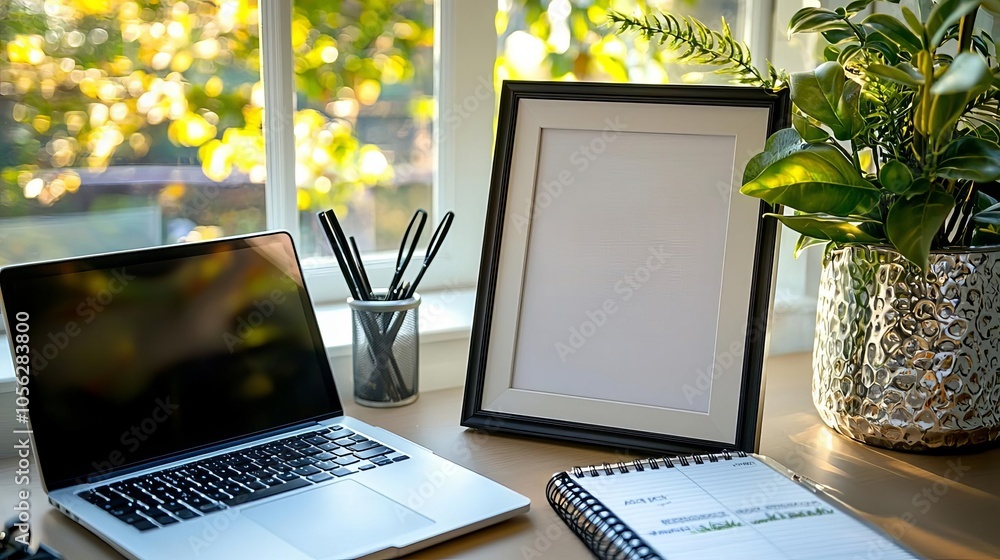Business Mindset Desk setup with an inspirational quote framed beside a ...
