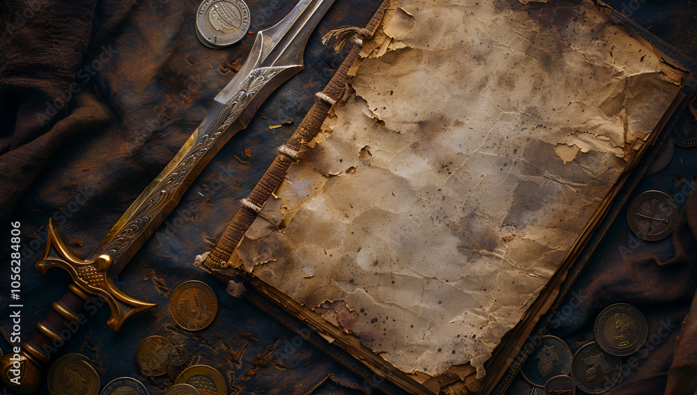 Medieval fantasy background with old blank parchment, sword and dragon ...