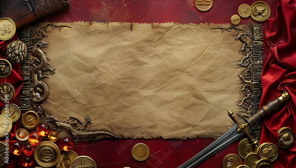 Medieval fantasy background with old blank parchment, sword and dragon ...
