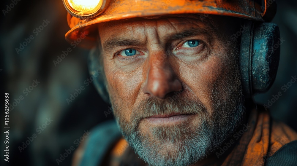 Close-up of serious miner wearing safety helmet with light in dark ...