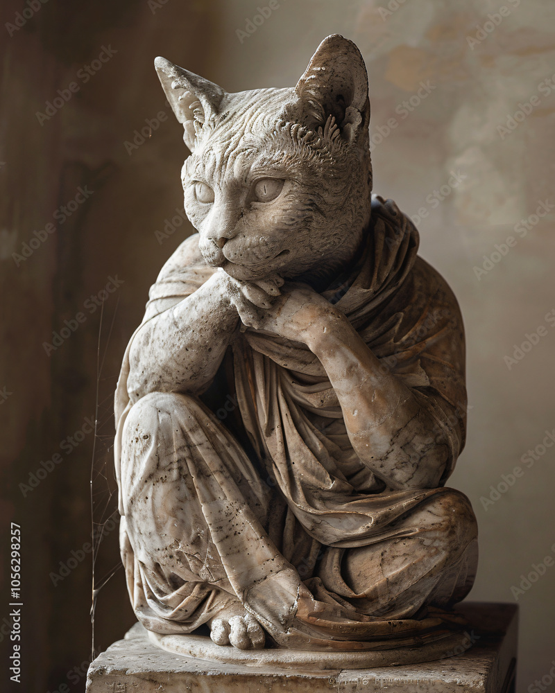 Marble statue thoughtful cat philosopher pose, ancient Greek attire ...