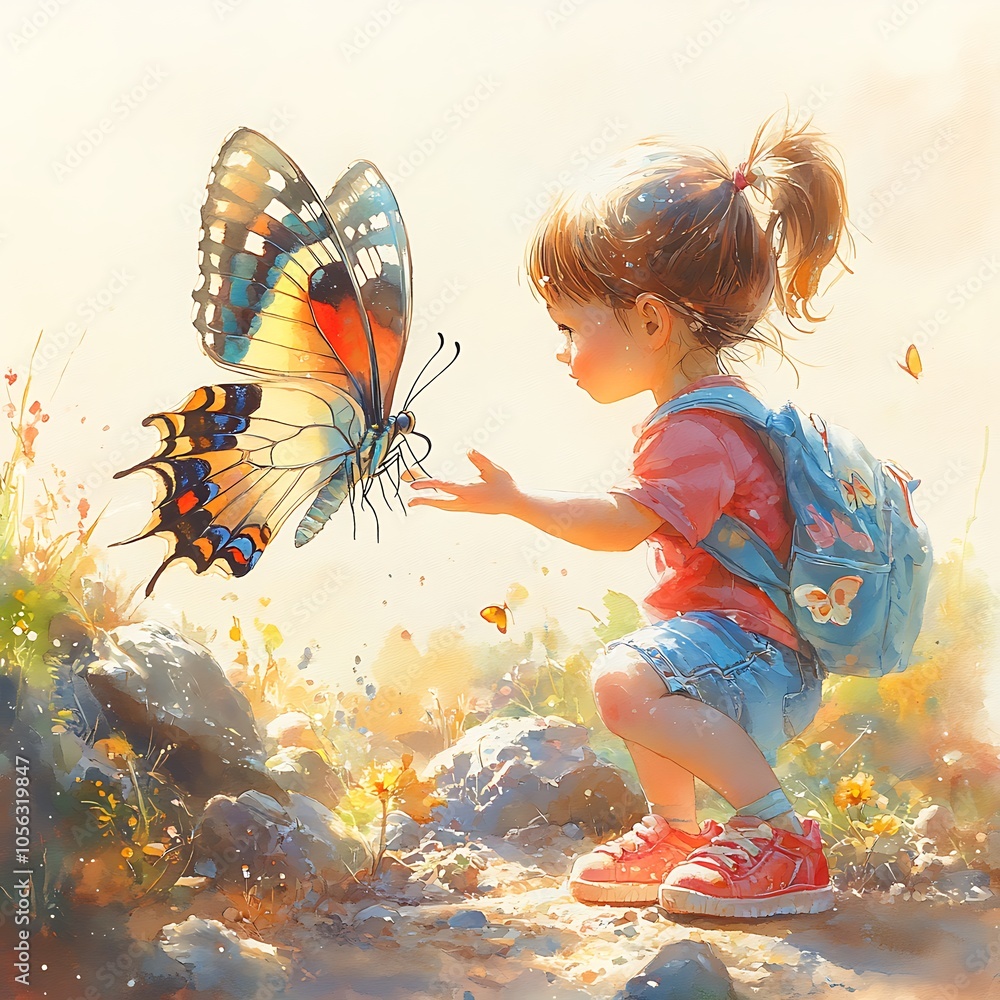 Little girl exploring with giant butterfly in enchanting outdoor scene ...