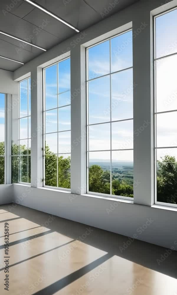 mockup rendering blank windows large sun bright wall passing 3d office ...