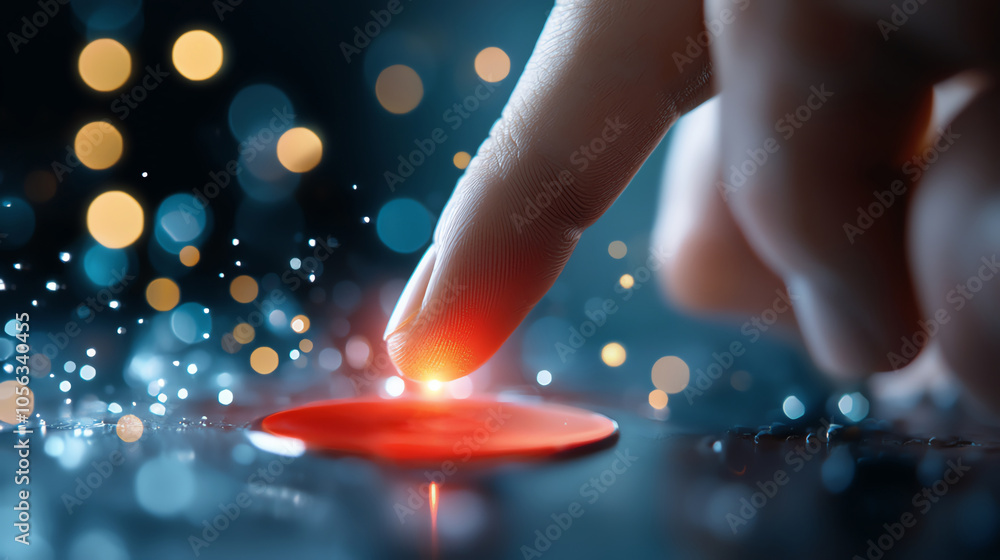 Finger pushing a red Stop button, with bright light effects around the ...