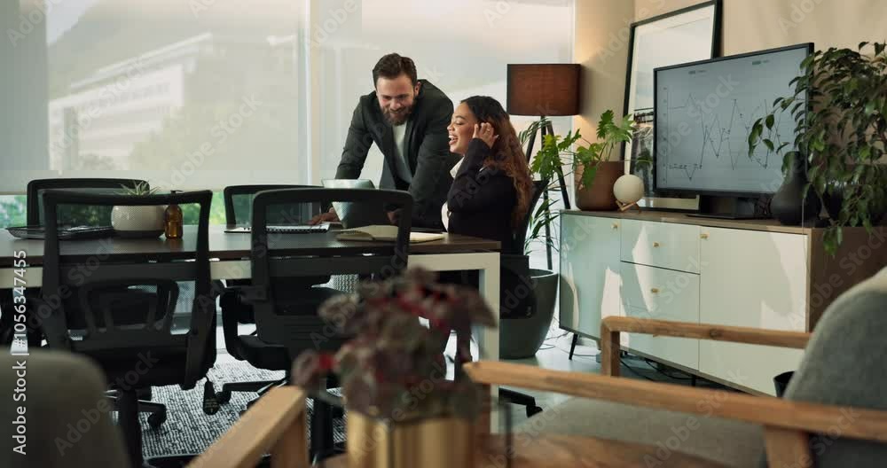 Desk, feedback and laptop with business people in corporate workplace ...