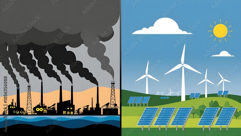 Split-screen: Fossil fuels vs. renewables. Pollution vs. clean energy ...