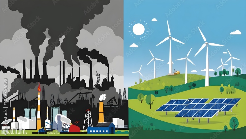 Split-screen: Fossil fuels vs. renewables. Pollution vs. clean energy. Modern, contrasting ...