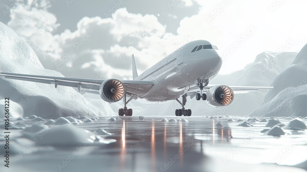 Artistic white surface featuring a modern jetliner landing smoothly ...