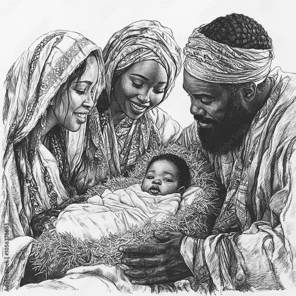 realistic African american hand drawn nativity scene with african ...