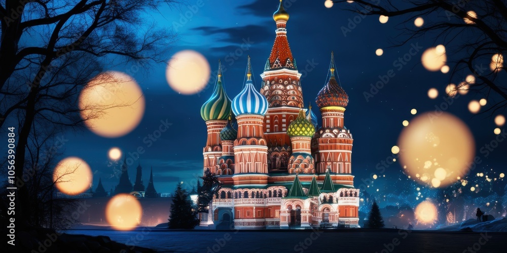 Red Square Moscow, St. Basil's Cathedral, night scene, illuminated ...