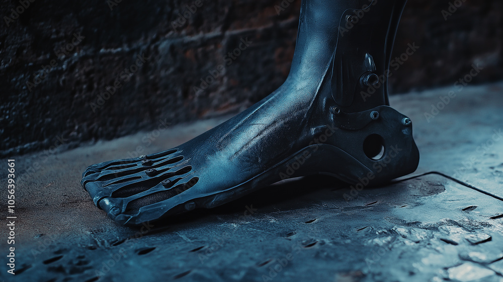 Low Angle Shot of a Prosthetic Foot on a Metal Surface, focusing on ...
