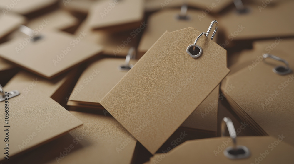 Brown paper hang tags with metal snap lock pins are scattered across ...