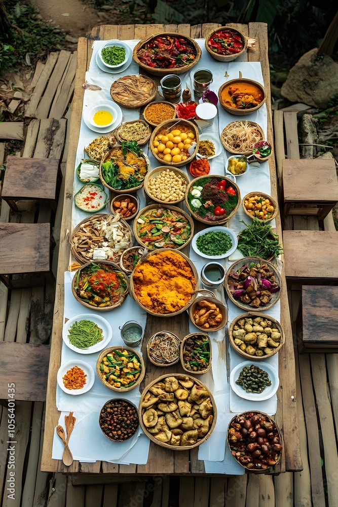 Top-down view of a feast table laid with traditional foods, part of the ...