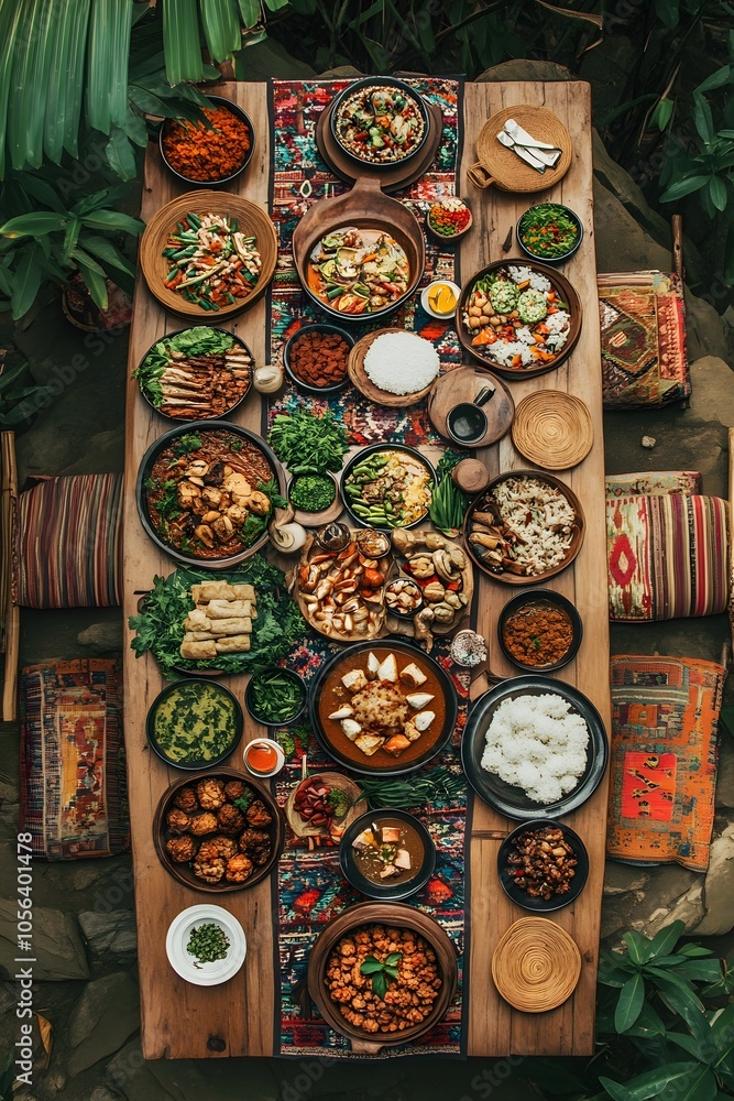 Top-down view of a feast table laid with traditional foods, part of the ...