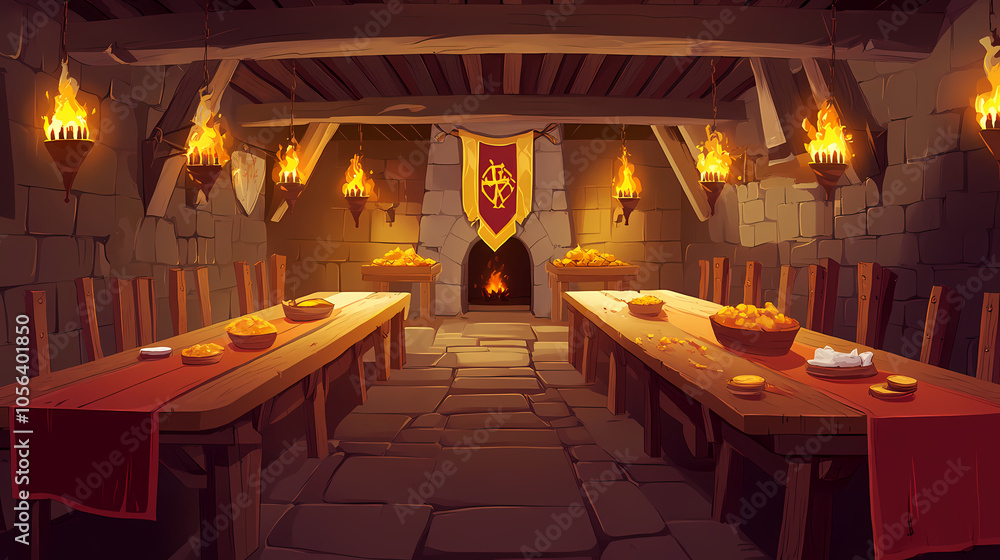 Medieval banquet hall, feast setup with flickering torches, rich and ...