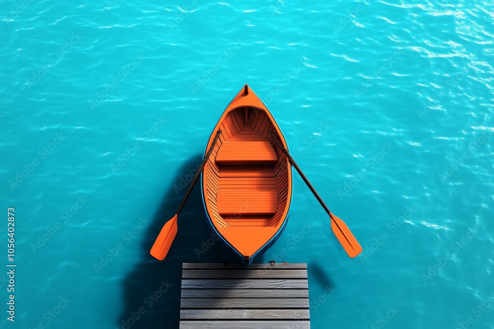 a 2D cartoon illustration of a rowboat with oars tied to a dock calm ...