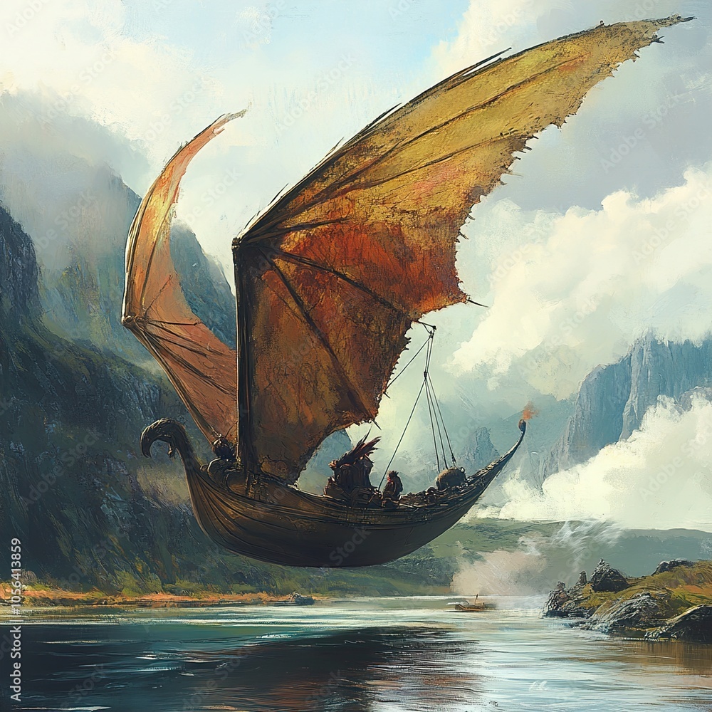 Fantasy Flying Boat with Dragon Wings Over a River Stock Illustration ...