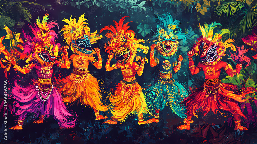 The vibrant colors of a traditional balinese barong dance performance ...