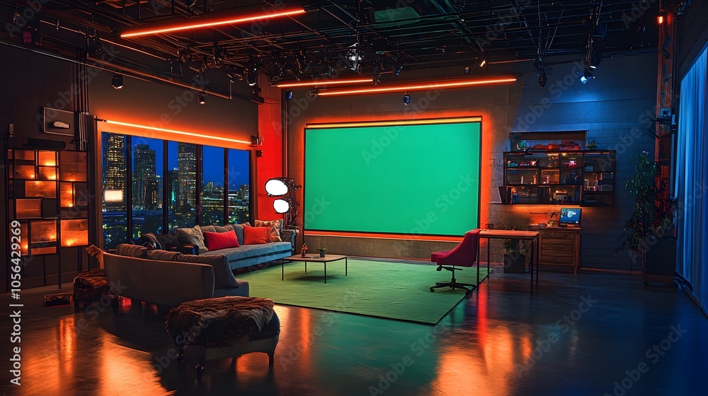 trendy late-night talk show studio with a greenscreen behind the main ...