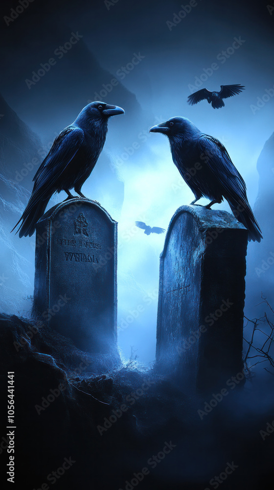 Two crows perched on a grave marker. The sky is dark and the mood is ...