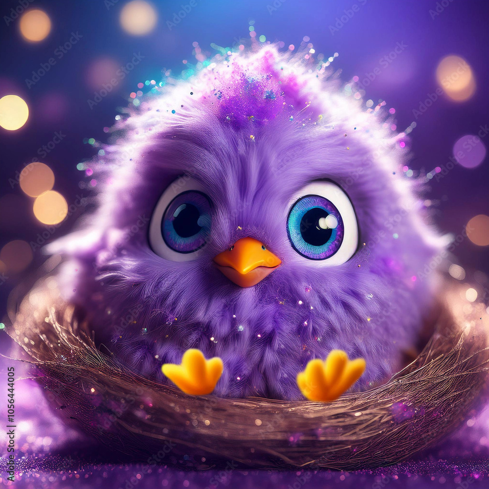 pollito pequeño de color morado con ojos grandes y tiernos en su nido ...