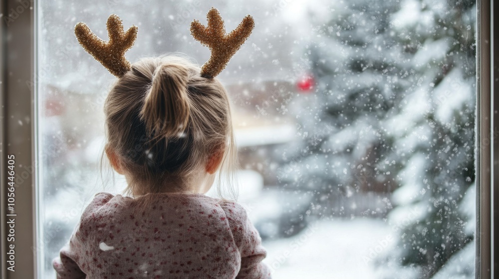 beautiful girl from behind watching the snow through a window Stock ...