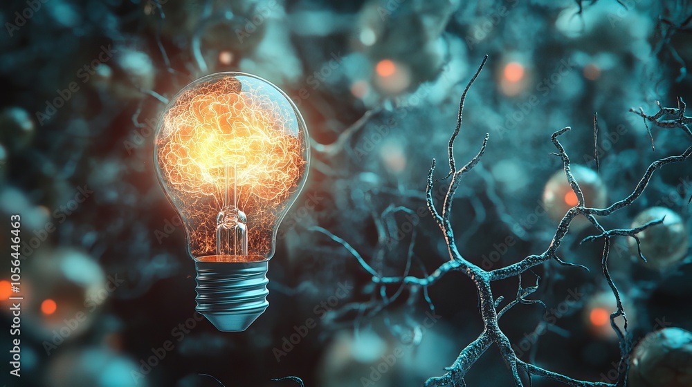 Light bulb fading in front of a deteriorating brain, synapses breaking ...