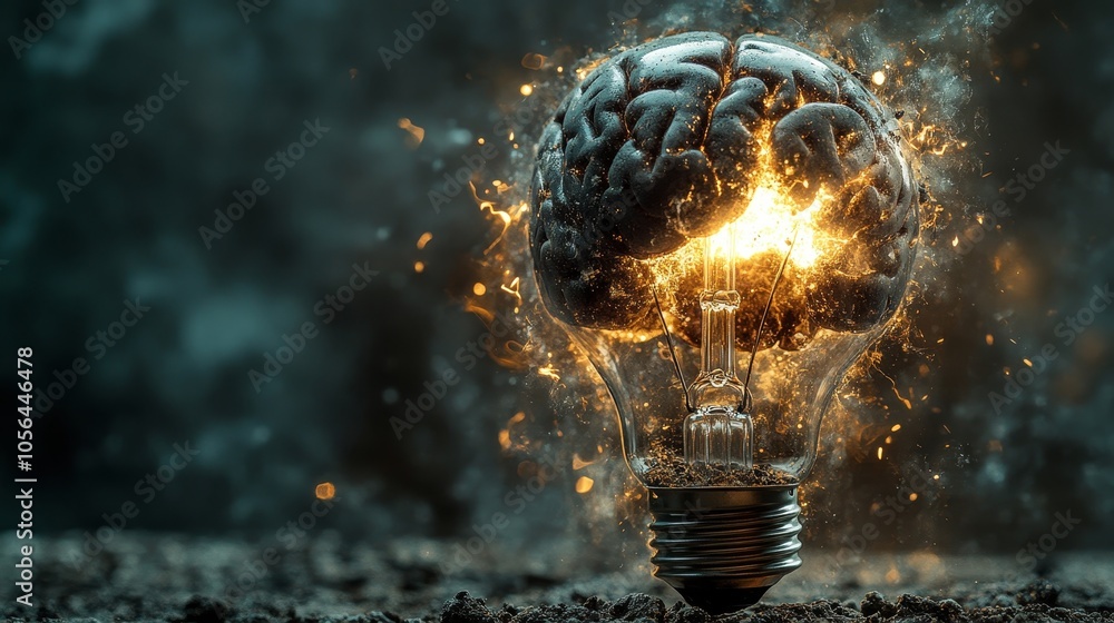 Light bulb fading in front of a deteriorating brain, synapses breaking ...