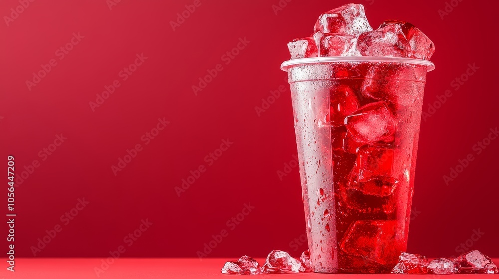 Minimalist design with a red soft drink in a transparent takeaway cup ...