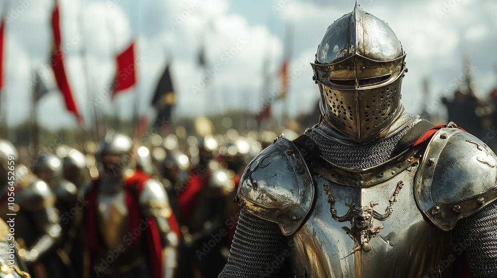 Gallant knight in reflective armor leading troops into battle, their ...