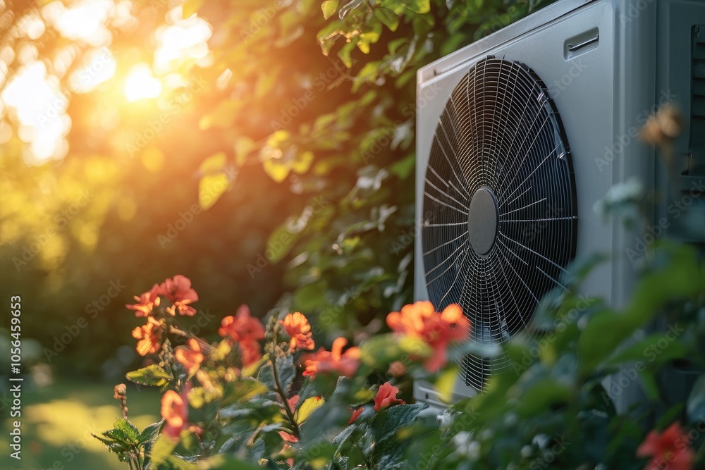 Air conditioner unit in garden. This image showcases the cooling unit ...