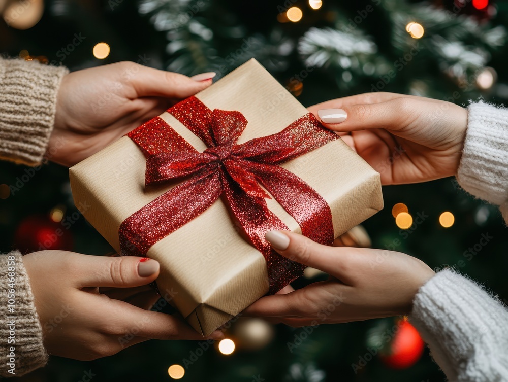 Festive gift exchange between friends under a decorated Christmas tree ...