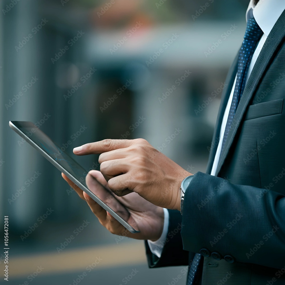 Tablet data analysis in a close-up shot of a businessman on-the-go ...