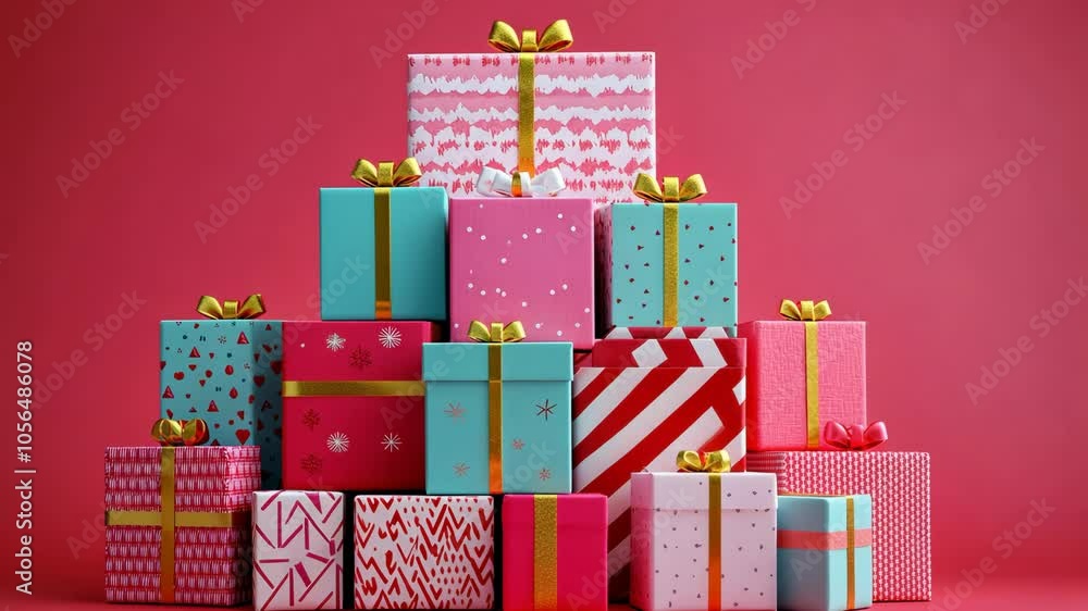 Stacked gift boxes arranged in a perfect pyramid, each box featuring ...